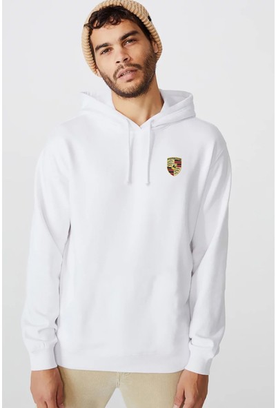 Qivi Porsche Logo Baskılı Beyaz Erkek Örme Kapşonlu Sweatshirt Uzun Kol