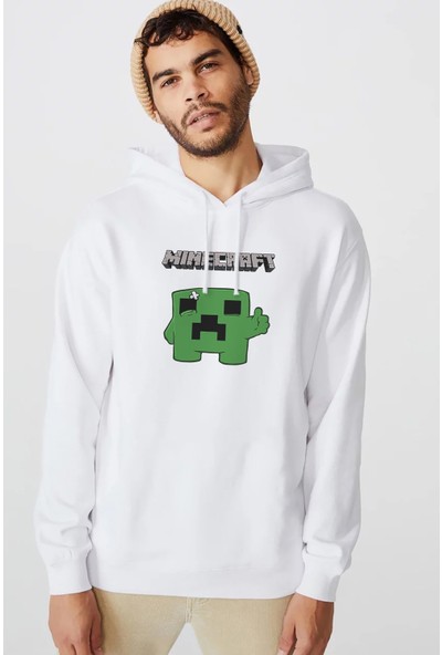 Qivi Mine Craft Baskılı Beyaz Erkek Örme Kapşonlu Sweatshirt Uzun Kol