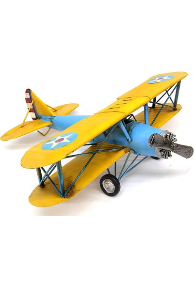 Mnk Home Dekoratif Metal Büyük Mavi Uçak Sarı Çift Kanatlı