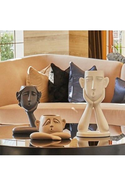 İsem Soyut Yüz Biblo ve Saksı 3\'lü Set