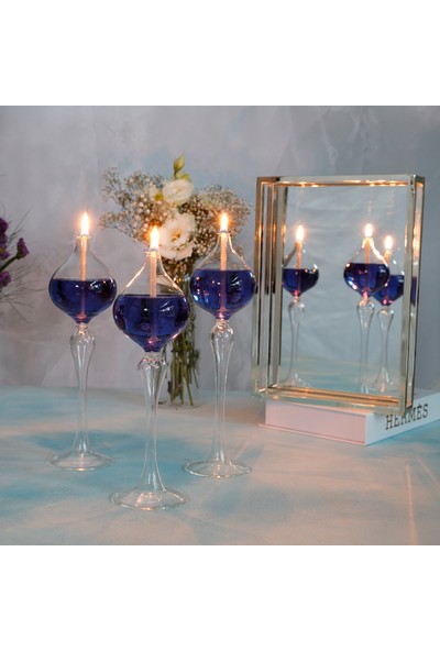 Vetroce Ayaklı Damla Cam Kandil 3'lü Set + Kandil Yağı