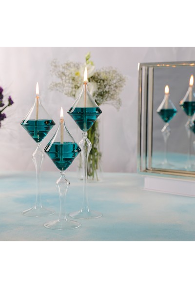 Vetroce Ayaklı Elmas Cam Kandil 3''lü Set + Kandil Yağı