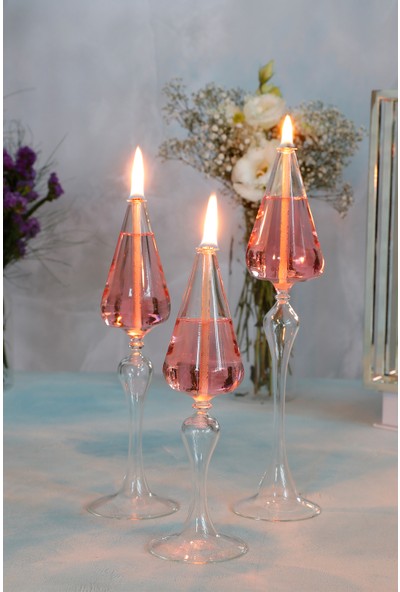 Vetroce Ayaklı Konik Cam Kandil 3''lü Set + Kandil Yağı