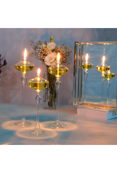 Vetroce Ayaklı Elips Cam Kandil 3'lü Set + Kandil Yağı