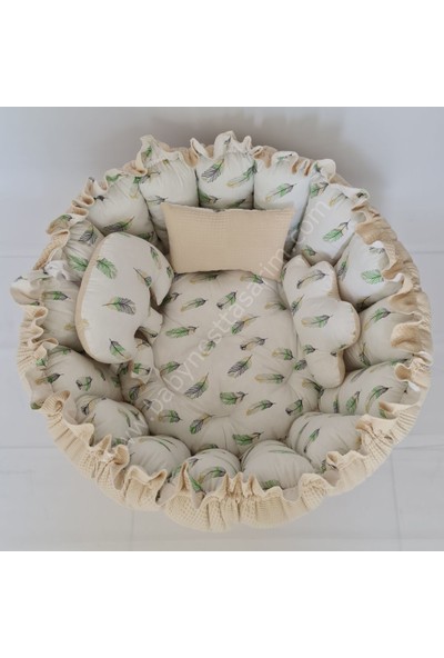 Babynest Dünyası Krem Pike Yaprak Desen Yuvarlak Babynest Uyku ve Oyun Minderi