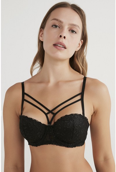 Penti Siyah Pop Up Deri Görünümlü Sütyen