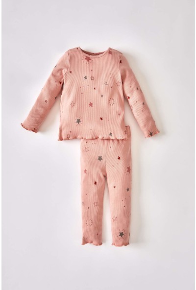 Defacto Kız Bebek Yıldız Desenli Uzun Kollu Pijama Takımı V4392A221AU