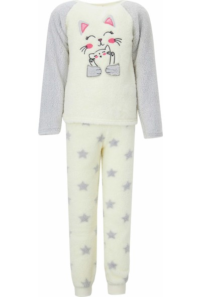 Defacto Kız Çocuk Kedi Baskılı Peluş Uzun Kollu Pijama Takımı S8609A621WN