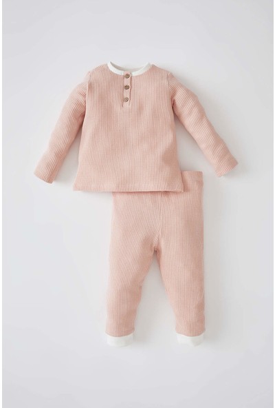 Defacto Kız Bebek Fitilli Esnek Dokulu Uzun Kollu Pijama Takımı V4386A221AU