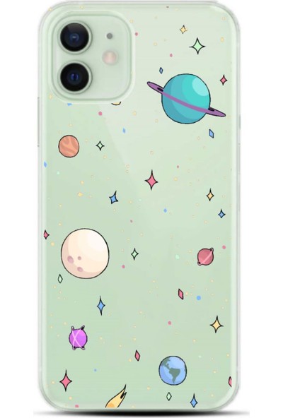 Moodcase iPhone 12 Gezegen Desenli Şeffaf Telefon Kılıfı
