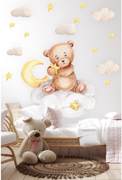 Msticker Ayda Oturan Ayıcık Yıldızlar ve Ay Çocuk Bebek Odası Duvar Sticker Seti Msticker Ayda Oturan Ayıcık Yıldızlar ve Ay Çocuk Bebek Odası Duvar Sticker Seti