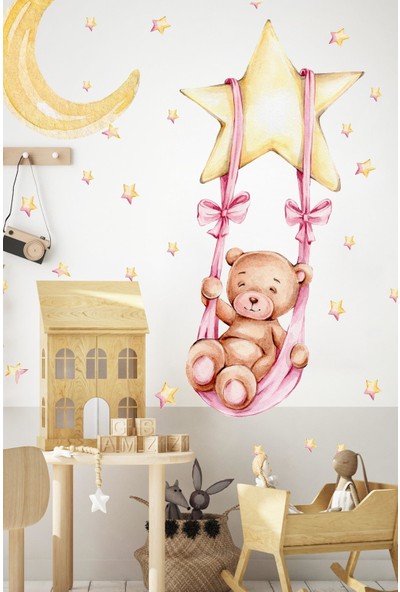Msticker Yıldızda Sallanan Ayıcık Ay ve Yıldızlar Çocuk Bebek Odası Sticker Seti Msticker Yıldızda Sallanan Ayıcık Ay ve Yıldızlar Çocuk Bebek Odası Sticker Seti