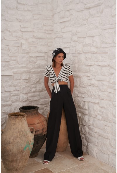 Eka Yüksek Bel Palazzo Kumaş Siyah Pantolon