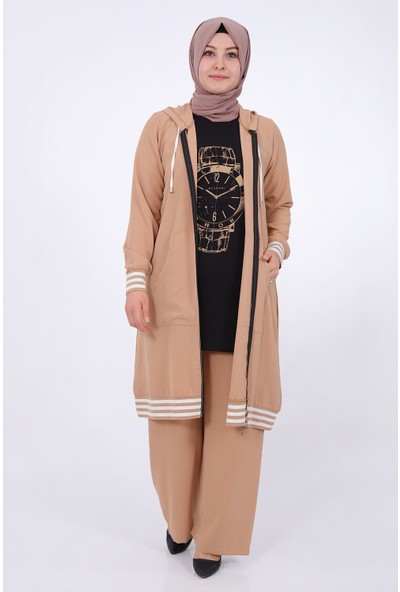 Kombinal Kadın Bej Kapüşonlu Tesettür Büyük Beden Eşofman TAKIMI-7000