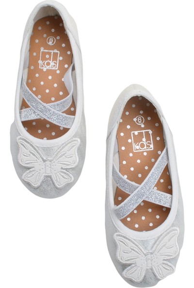 Runningman Kelebek Desenli Pullu Kız Çocuk Babet Ayakkabı-Beyaz