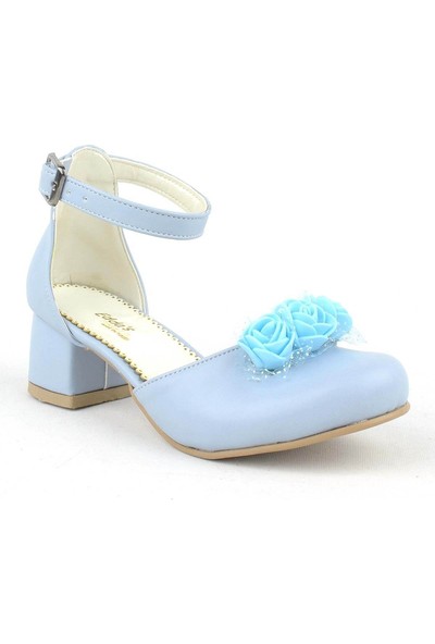 Sarıkaya Bebe Mavi Çiçekli Kalın Topuklu Kız Çocuk Abiye Ayakkabı