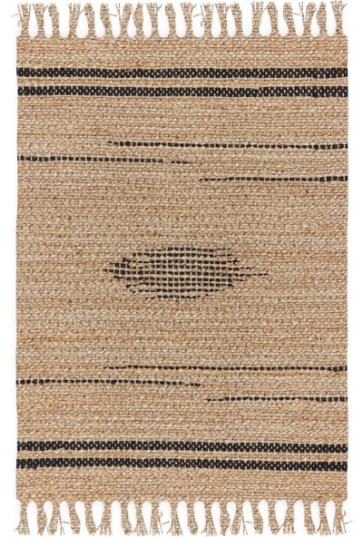 Osso Halı Osso Kahve Siyah Çizgili Jüt Hasır Görünümlü Desenli Yıkanabilir Püsküllü Kilim