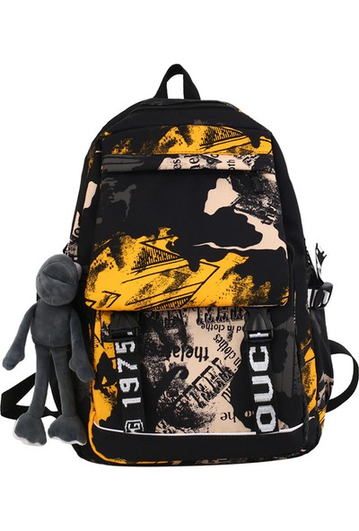 Büyük Kapasiteli Grafiti Desenli Okul Sırt Çantası-Sarı (Yurt Dışından)