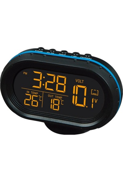 Zauss Araç Çok Fonksiyonlu Iç - Dış Termometre Saat Voltmetre Göstergesi Mavi Renk