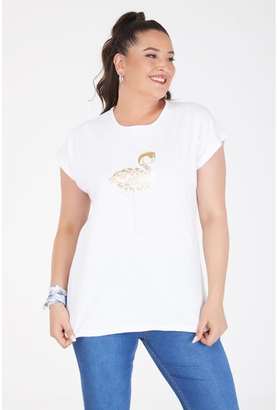Siyezen Büyük Beden Beyaz Renk Gold Flamingo Baskılı Yarasa Kol T-Shirt Siyezen Büyük Beden Beyaz Renk Gold Flamingo Baskılı Yarasa Kol T-Shirt