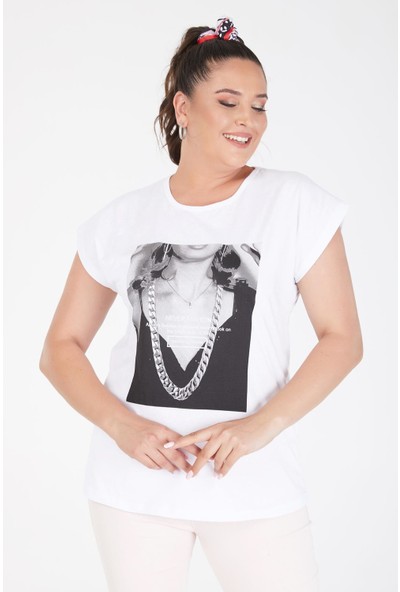 Siyezen Büyük Beden Beyaz Kadın Baskılı Yarasa Kol T-Shirt