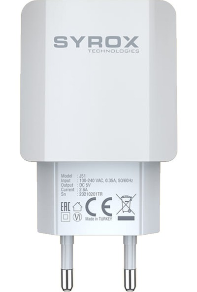 Syrox J51 Hızlı USB Şarj Adaptörü (Başlık) 2.6A Beyaz