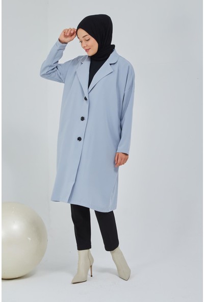 Meqlife Düğme Detaylı Trençkot - Mavi