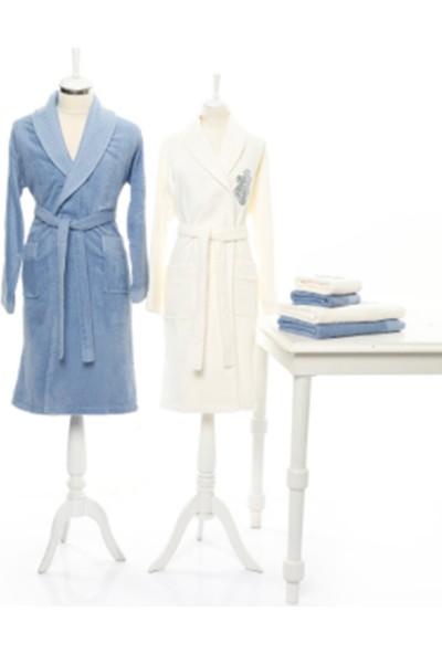 Özdilek Bornoz Seti Stone Mavi Krem