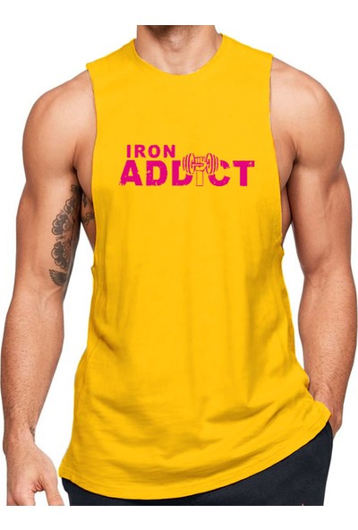 Sarı Erkek Regular Fit -Pink Iron Addict- Baskılı Bisiklet Yaka Kolsuz T-Shirt Sarı Erkek Regular Fit -Pink Iron Addict- Baskılı Bisiklet Yaka Kolsuz T-Shirt