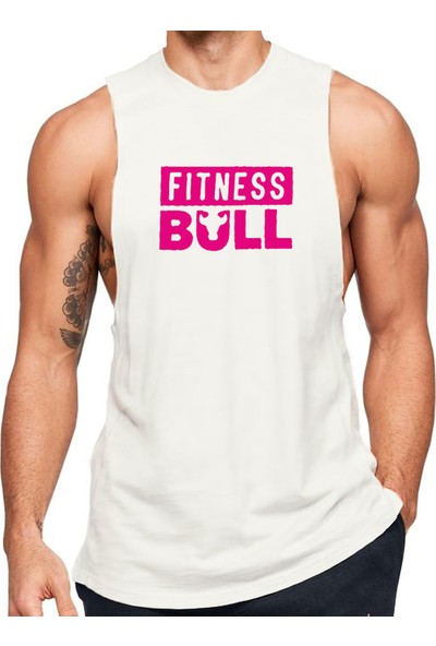 Beyaz Erkek Regular Fit -Pink Fitness Bull- Baskılı Bisiklet Yaka Kolsuz T-Shirt