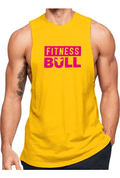 Sarı Erkek Regular Fit -Pink Fitness Bull- Baskılı Bisiklet Yaka Kolsuz T-Shirt