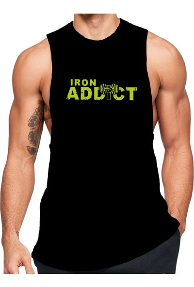 Siyah Erkek Regular Fit -Iron Addict- Baskılı Bisiklet Yaka Kolsuz T-Shirt Siyah Erkek Regular Fit -Iron Addict- Baskılı Bisiklet Yaka Kolsuz T-Shirt