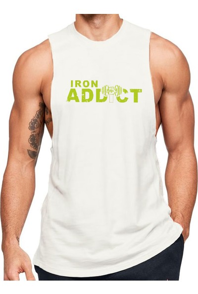 Beyaz Erkek Regular Fit -Iron Addict- Baskılı Bisiklet Yaka Kolsuz T-Shirt Beyaz Erkek Regular Fit -Iron Addict- Baskılı Bisiklet Yaka Kolsuz T-Shirt