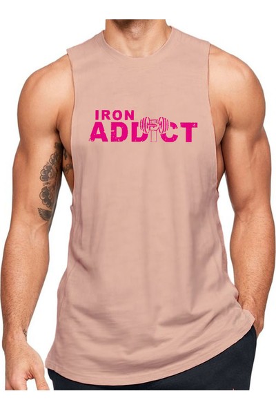Pudra Erkek Regular Fit -Pink Iron Addict- Baskılı Bisiklet Yaka Kolsuz T-Shirt Pudra Erkek Regular Fit -Pink Iron Addict- Baskılı Bisiklet Yaka Kolsuz T-Shirt