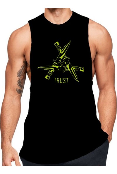 Siyah Erkek Regular Fit -Trust Kılıç- Baskılı Bisiklet Yaka Kolsuz T-Shirt