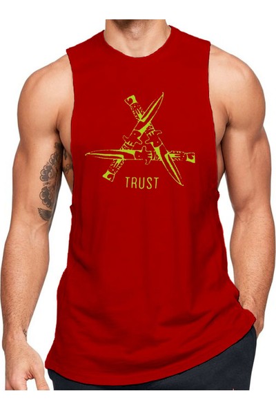Kırmızı Erkek Regular Fit -Trust Kılıç- Baskılı Bisiklet Yaka Kolsuz T-Shirt