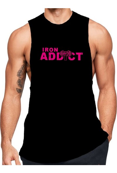 Siyah Erkek Regular Fit -Pink Iron Addict- Baskılı Bisiklet Yaka Kolsuz T-Shirt Siyah Erkek Regular Fit -Pink Iron Addict- Baskılı Bisiklet Yaka Kolsuz T-Shirt