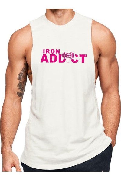 Beyaz Erkek Regular Fit -Pink Iron Addict- Baskılı Bisiklet Yaka Kolsuz T-Shirt Beyaz Erkek Regular Fit -Pink Iron Addict- Baskılı Bisiklet Yaka Kolsuz T-Shirt