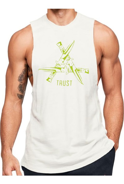 Black İstanbul Beyaz Erkek Regular Fit -Trust Kılıç- Baskılı Bisiklet Yaka Kolsuz T-Shirt