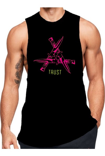 Siyah Erkek Regular Fit -Pink Trust Kılıç- Baskılı Bisiklet Yaka Kolsuz T-Shirt