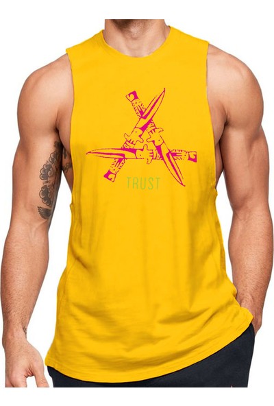 Sarı Erkek Regular Fit -Pink Trust Kılıç- Baskılı Bisiklet Yaka Kolsuz T-Shirt