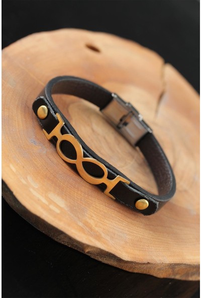 Giraffe Gold Renk Sonsuzluklu Metal Aksesuarlı Siyah Deri Erkek Bileklik