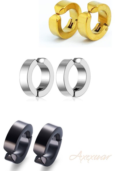 Axexuar 3 Çift Sıkıştırmalı Deliksiz Çelik Halka Küpe Kadın Erkek Sarı Siyah Gümüş Renk Axexuar 3 Çift Sıkıştırmalı Deliksiz Çelik Halka Küpe Kadın Erkek Sarı Siyah Gümüş Renk