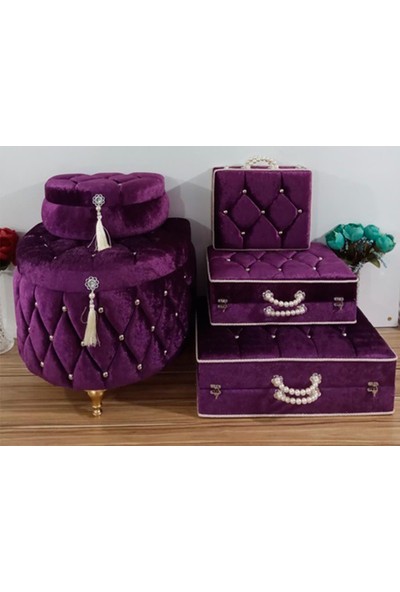 Çeyiz Diyarı D Model Püsküllü 5 Li Çeyiz Sandık Takımı Mor