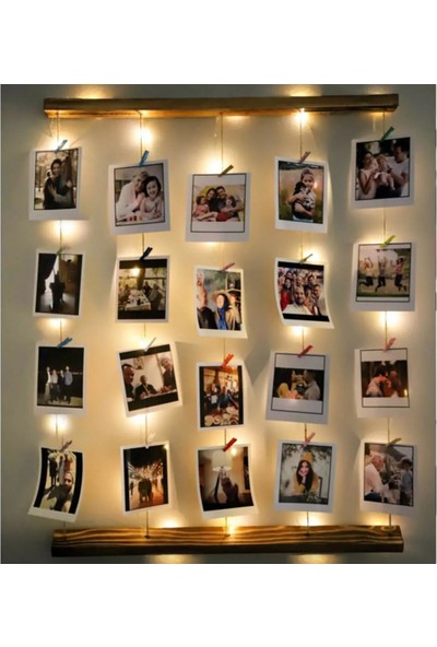 Deha Moda Doğal Ahşap Çerçeve Eskitme LED Işıklı Jüt Ipli Fotoğraf Askısı/albümü