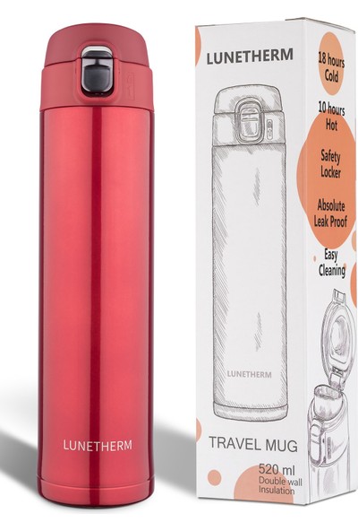 Lunetherm Sızdırmaz Vakumlu Çift Katmanlı Çelik Termos - Kırmızı