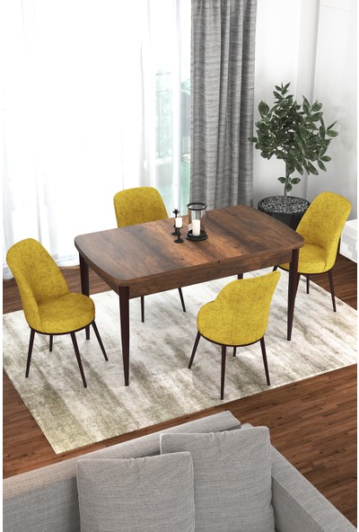 Canisa Concept Via Serisi Açılabilir Barok Ahşap Desenli Mutfak Masası Takımı, Yemek Masası+4 Adet Cappucino Sandalye