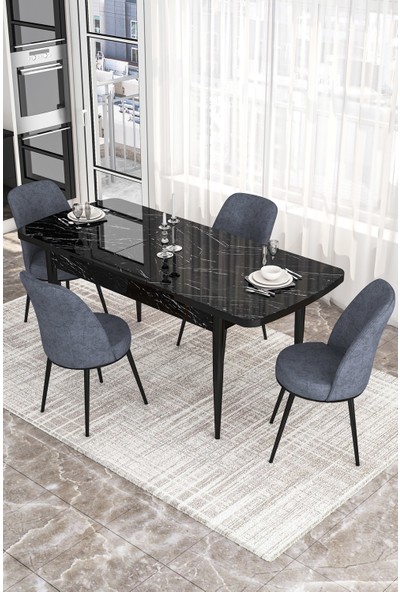 Canisa Concept 'via' Açılabilir Mutfak Masası Takımı-Siyah Masa+4 Adet Füme Sandalye