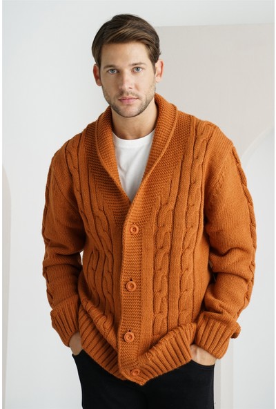 Tarz Cool Erkek Hardal Şal Yaka Saç Örgü Triko HIRKA-HRK80800R01S