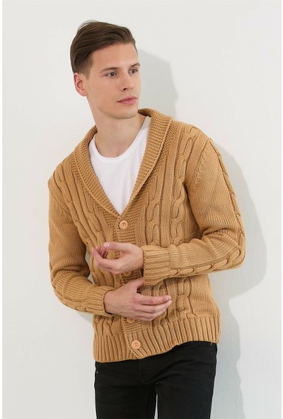 Tarz Cool Erkek Krem Şal Yaka Saç Örgü Triko HIRKA-HRK80800R05S